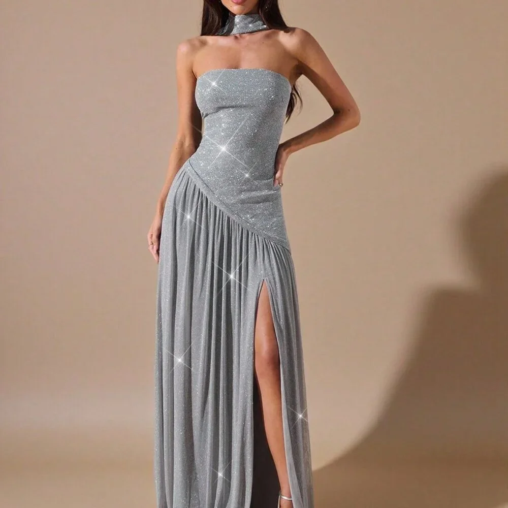 Dresses | Silver Strapless Elegant Womens High Slit Maxi Party Dress ...